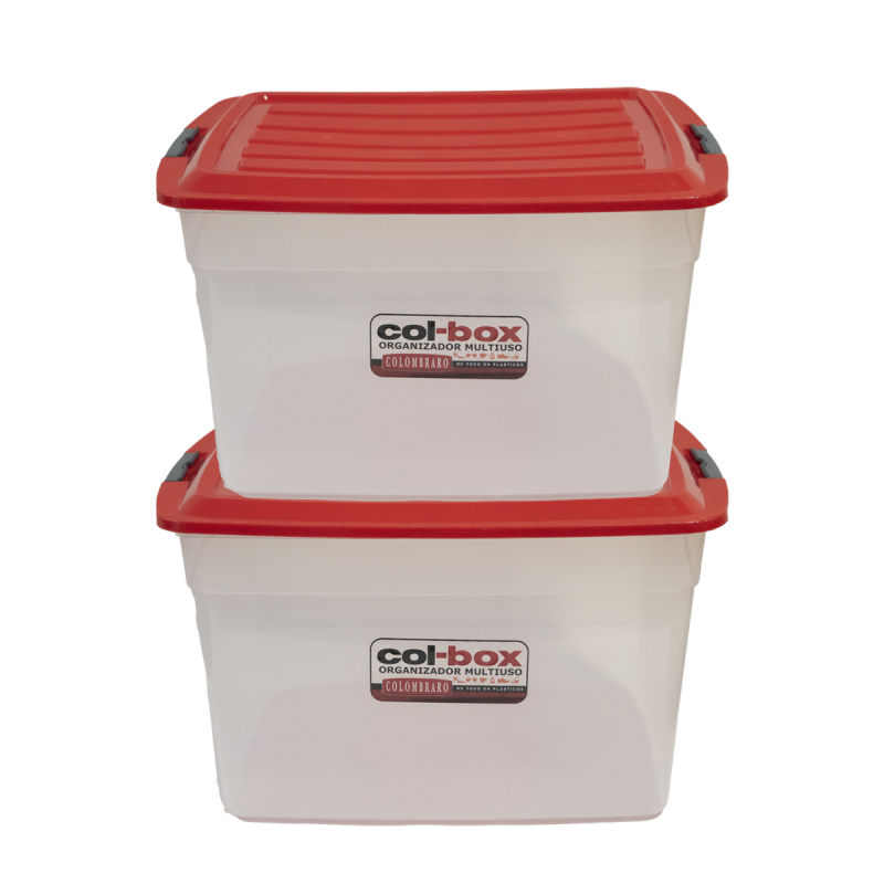 2 Cajas Plastica Organizadora Apilable 42 Lts Tapa/Roja - Colombraro ...
